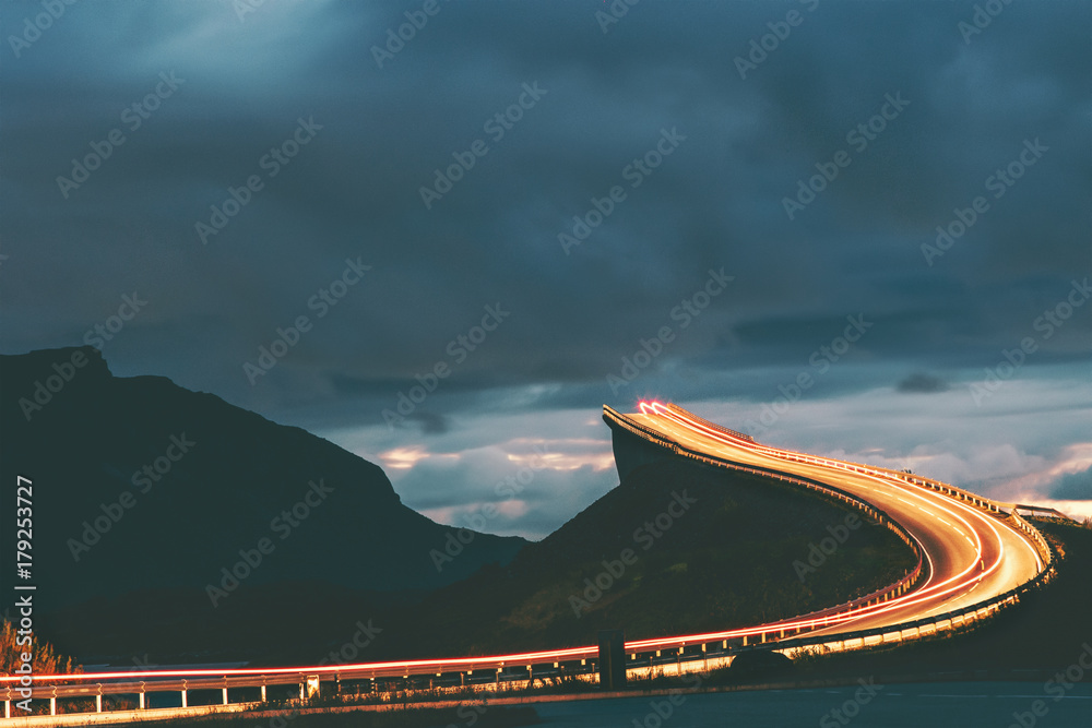 Atlantic road night in Norway Storseisundet bridge transportation way ...