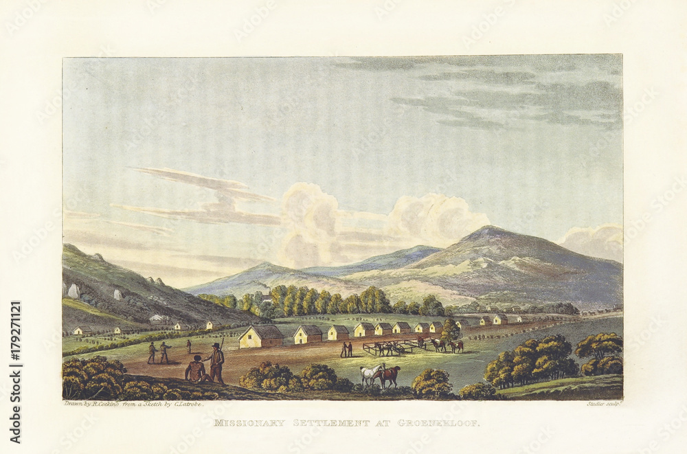 Ancient natural landscape with houses. Missionary settlement in ...