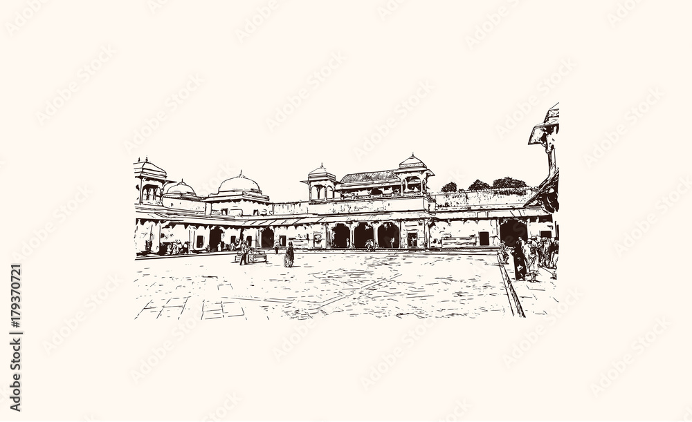 Hand drawn sketch of Jodha Bai Palace, Fatehpur Sikri, Uttar Pradesh, India in vector ...