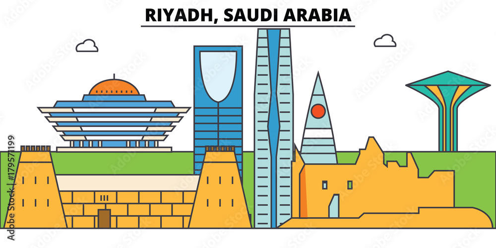 Vector de Stock Riyadh, Saudi Arabia outline skyline, arab flat thin ...