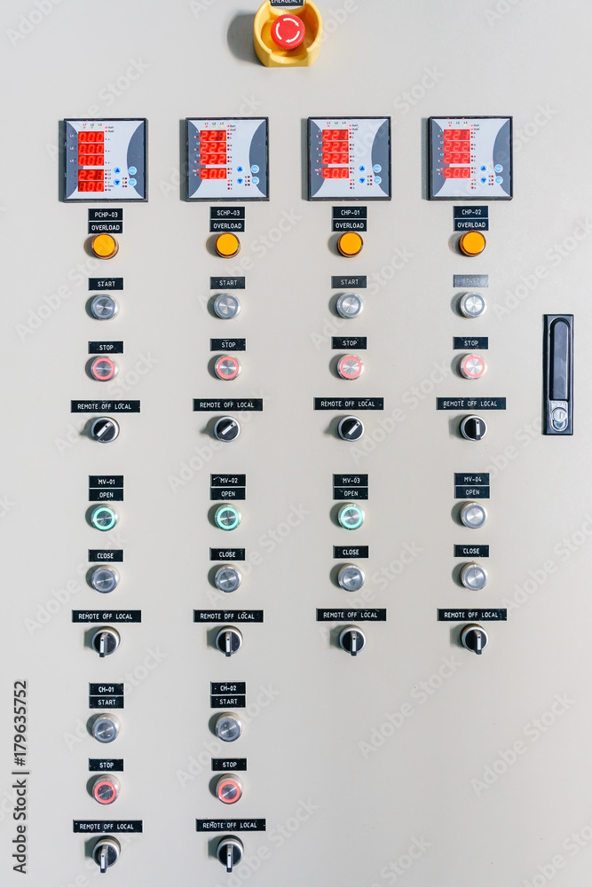 Technical display on control panel with electrical equipment devices ...