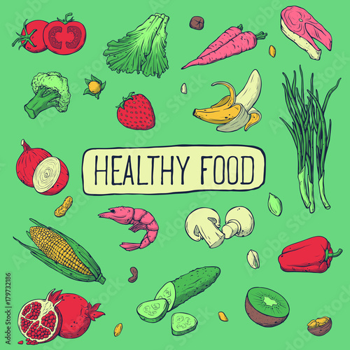Healthy food menu design. Hand drawn sketch vector illustration. Stock ...