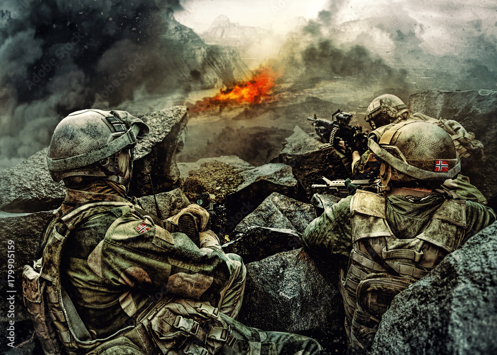 Patrol of norwegian Rapid reaction special forces FSK soldiers in field ...
