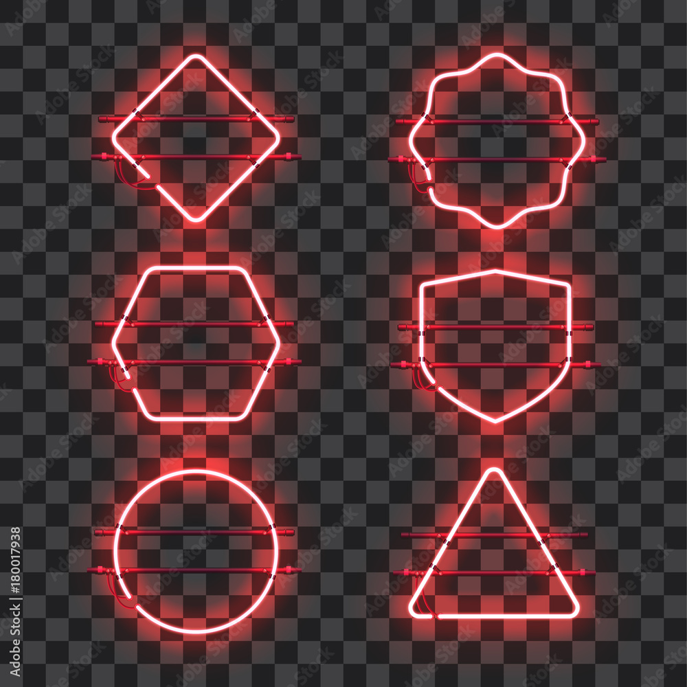 Set of realistic glowing red neon frames isolated on transparent ...