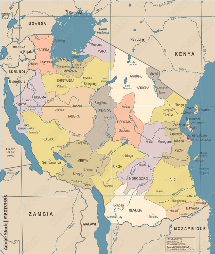 Tanzania Map - Vintage Vector Illustration Stock Vector | Adobe Stock