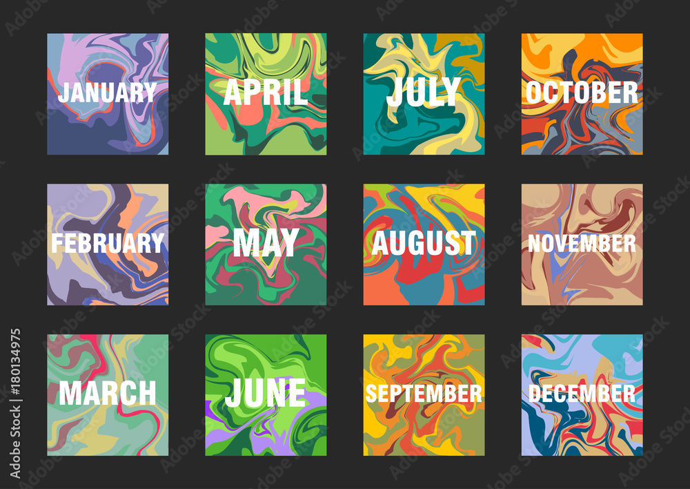 Vector calendar in marbling style. Square painted templates of months ...
