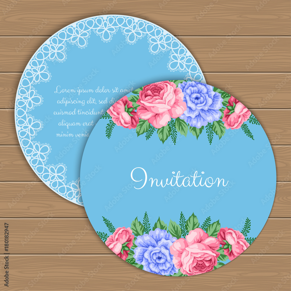 Floral round invitation or greeting card template. Vector Illustration ...