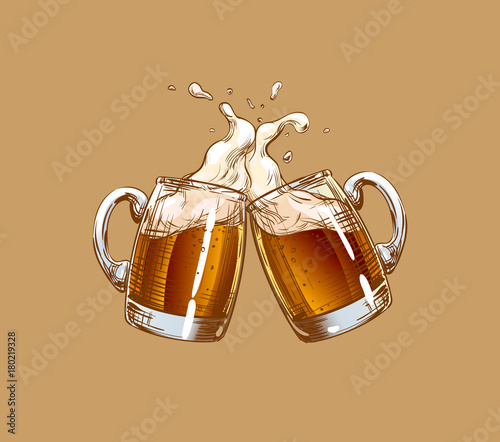 Two Mugs of Beer clink at a toast with a splash of beer foam ...