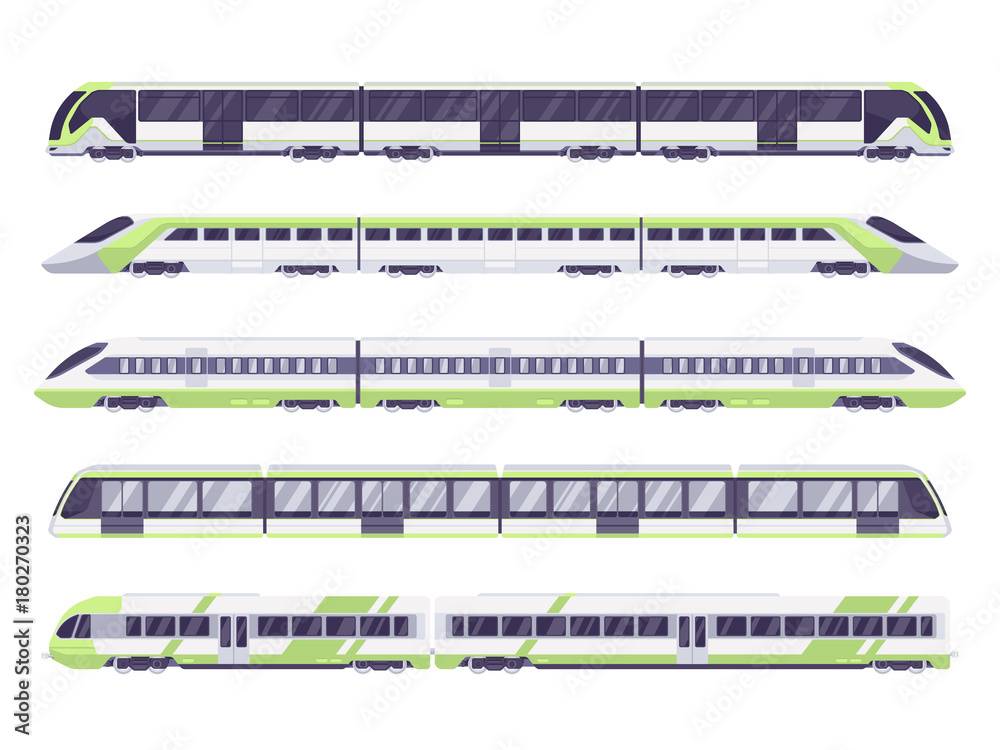 Set of passenger train. Subway transport underground train. Metro train ...