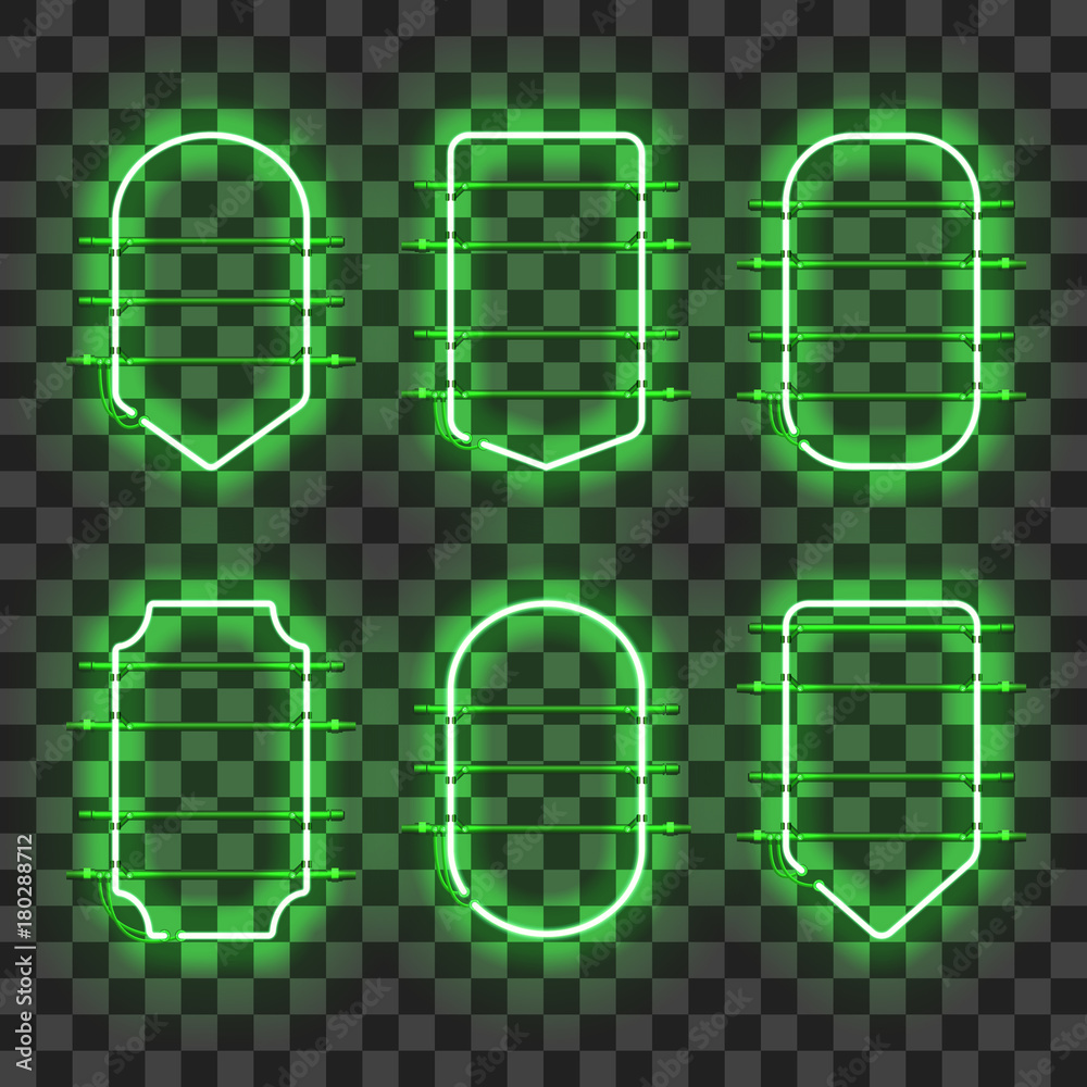 Set of realistic glowing green neon frames isolated on transparent ...