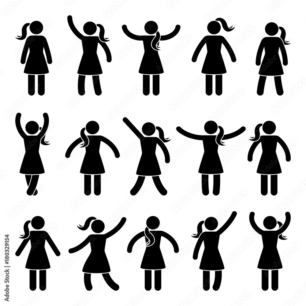 Stick figure standing position. Posing woman person icon posture symbol ...