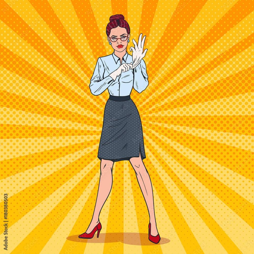 Pop Art Serious Female Inspector Wearing White Gloves. Professional ...