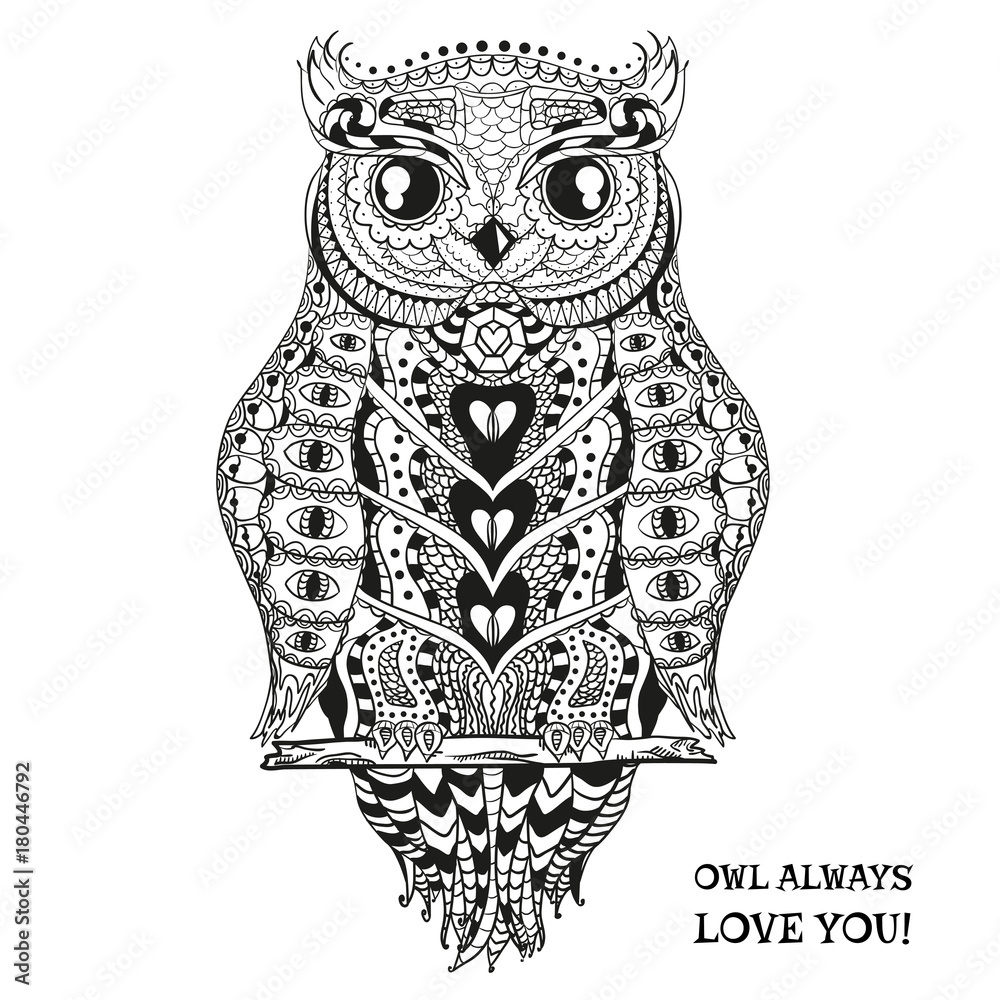 Owl. Design Zentangle. Hand drawn owl with abstract patterns on ...