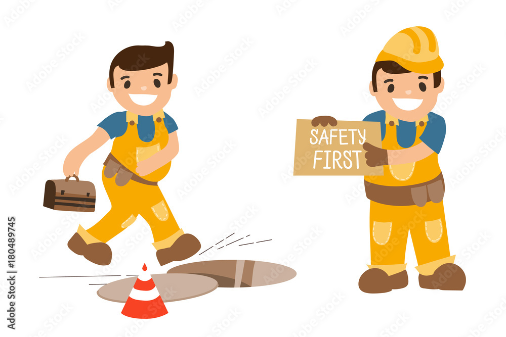 Set of illustrations - accident at work (injures). Falling in the open ...
