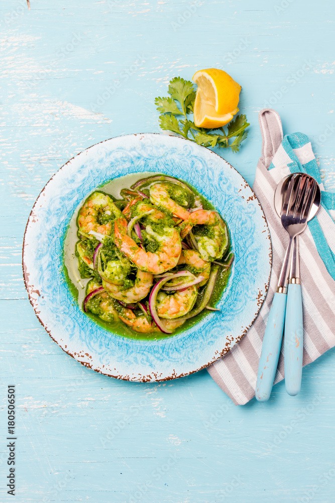 MEXICAN CUISINE. Aguachile de camaron. Prawns aguachile. Shrimps eviche ...