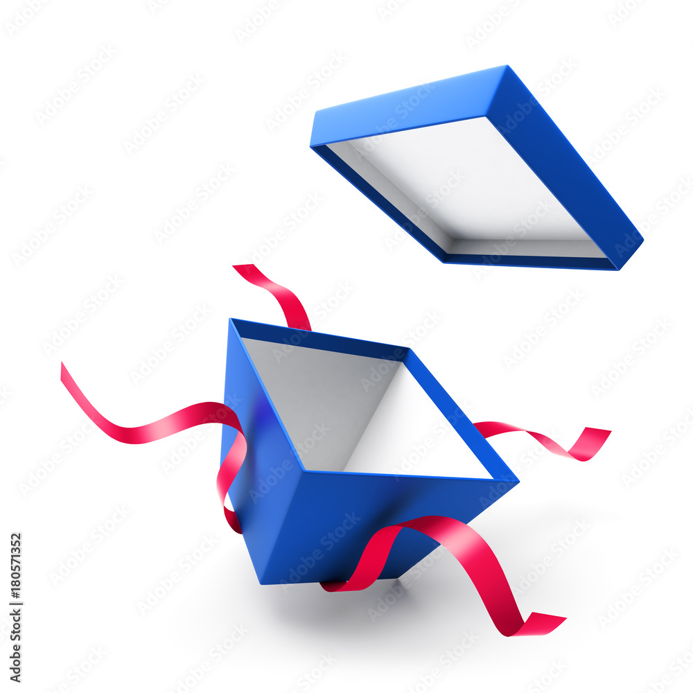 Blue open gift box with ribbon isolated on white background Stock Photo ...