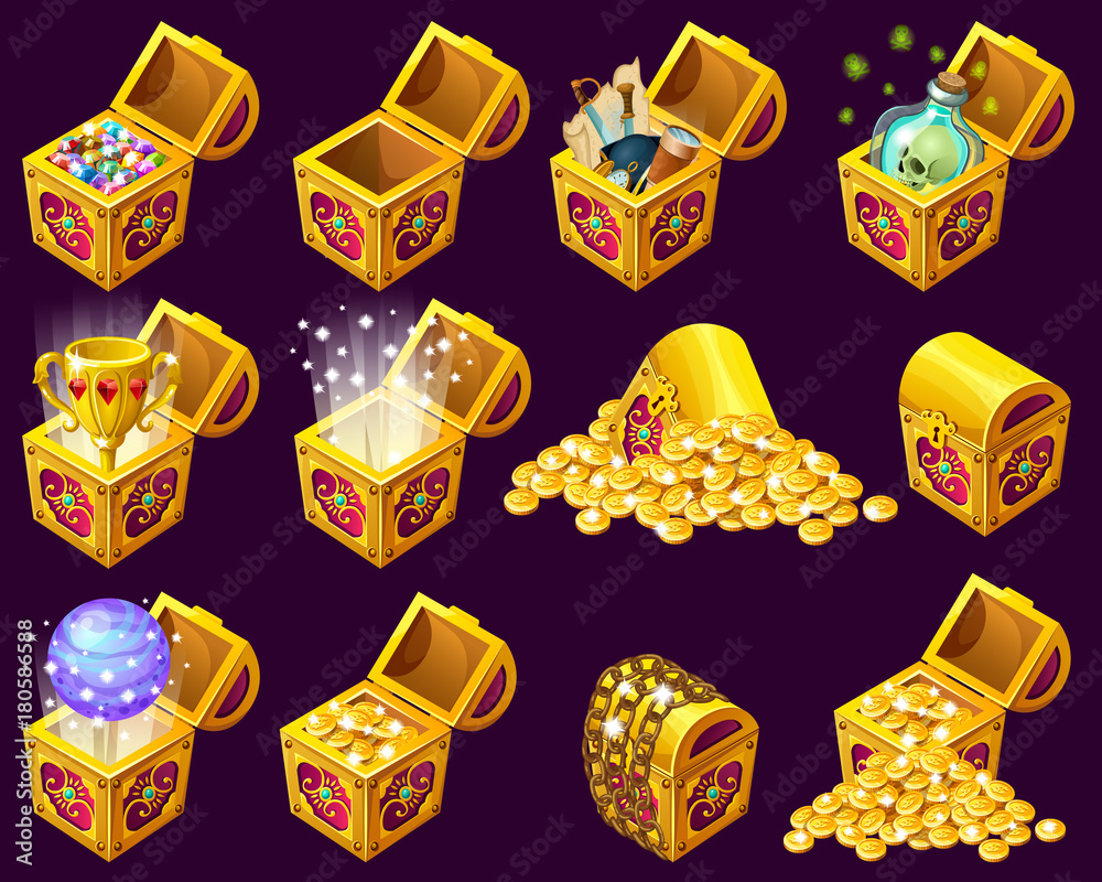 Golden trophies in glowing chests. Set for computer game on black ...