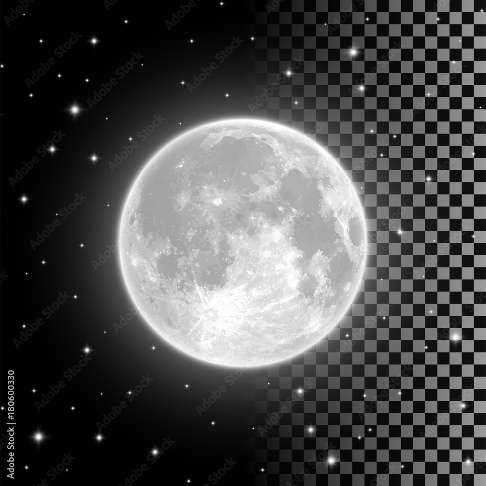 Bright full moon in the clear night sky and isolated on transparent ...