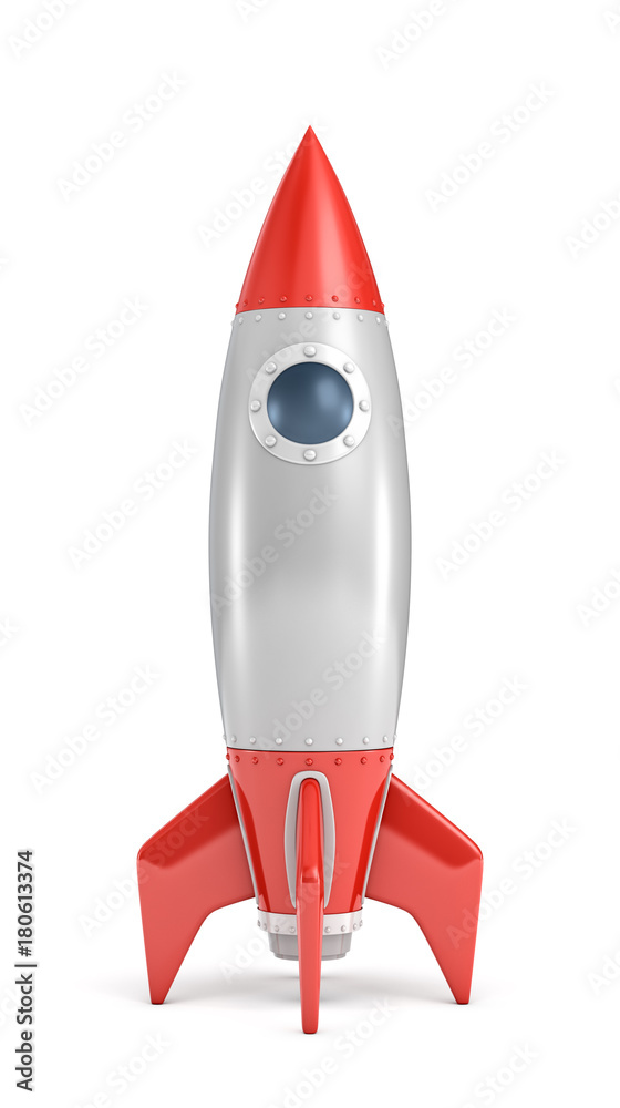 3d rendering of a single silver and red rocket ship with a round ...