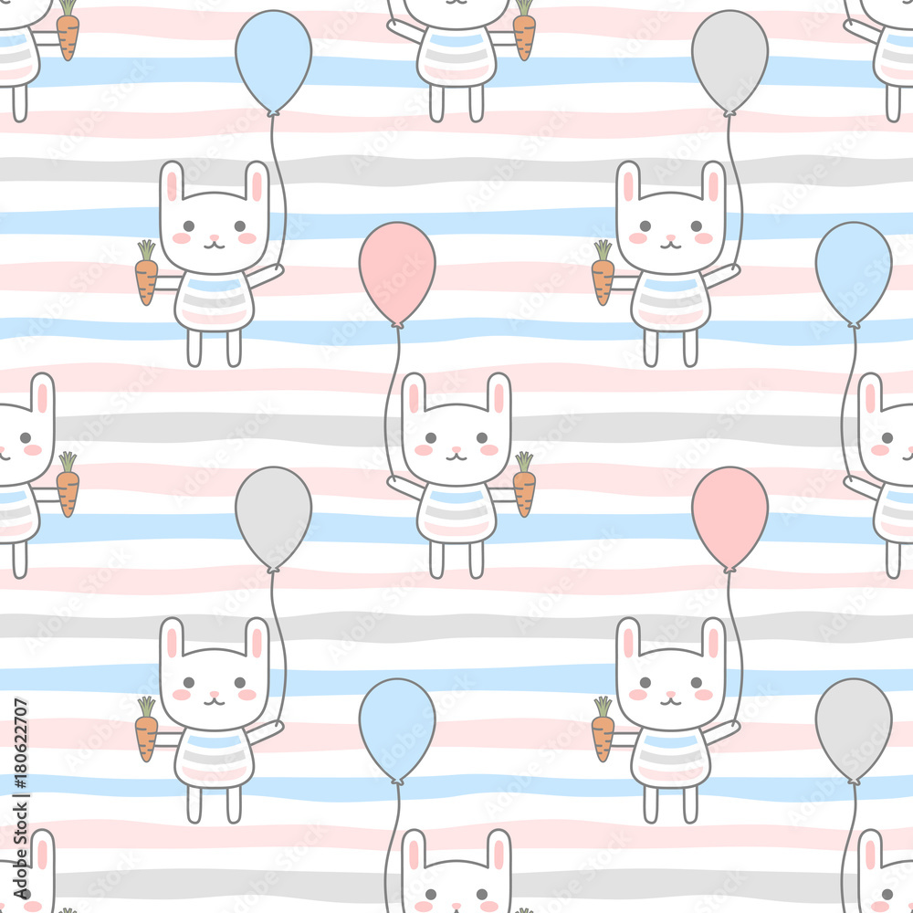 Cartoon Rabbit Seamless Pattern, Bunny Doodle Background, Vector ...
