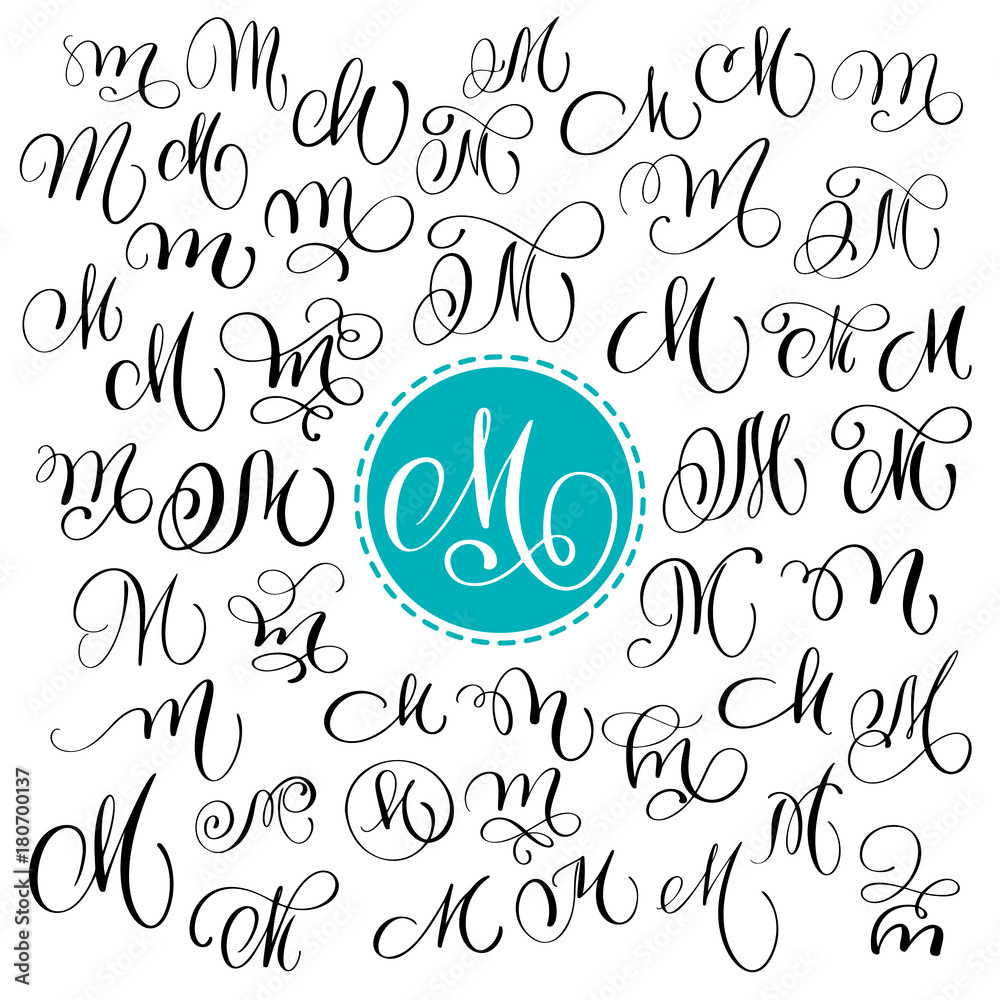 Set of Hand drawn vector calligraphy letter M. Script font. Isolated ...