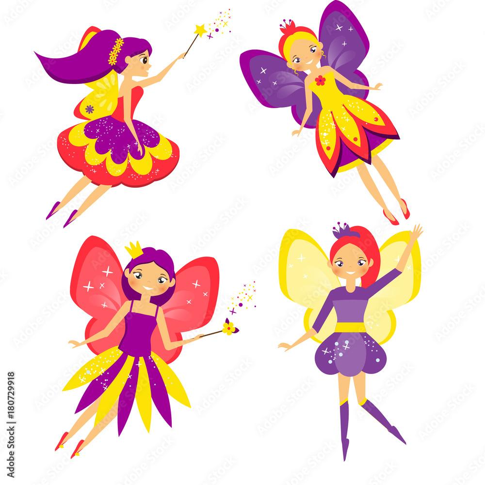 Beautiful flying fairy set. Winged Elf princesses. Cartoon style Stock ...