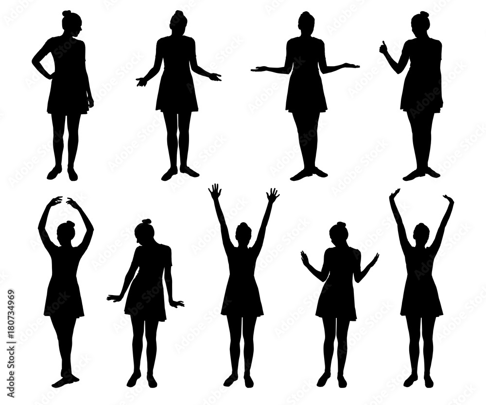 Set of realistic silhouettes of standing young women in different poses ...