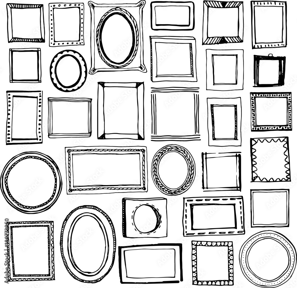 Hand drawn frames big set. Cartoon style. Vector. Round, squared and ...
