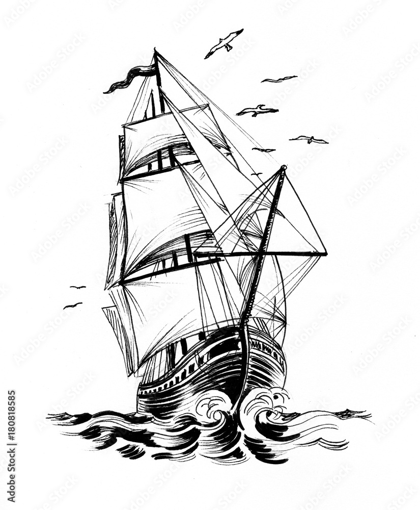 Tall sailing ship in the sea. Ink black and white drawing Stock ...