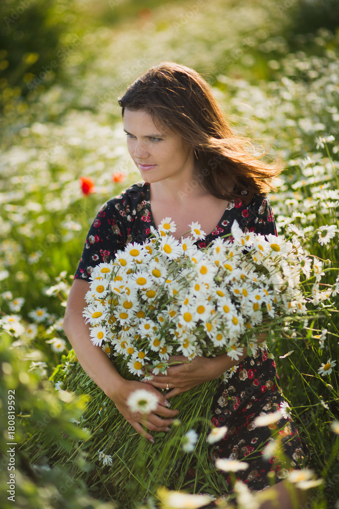 Charming adorable young lady woman dark brunette hairs and green eyes tender sexy posing with ...