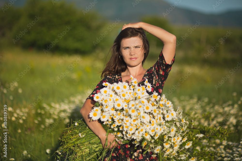 Charming adorable young lady woman dark brunette hairs and green eyes tender sexy posing with ...