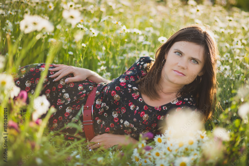 Charming adorable young lady woman dark brunette hairs and green eyes tender sexy posing with ...