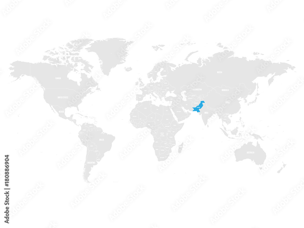 Vector de Stock Pakistan marked by blue in grey World political map ...