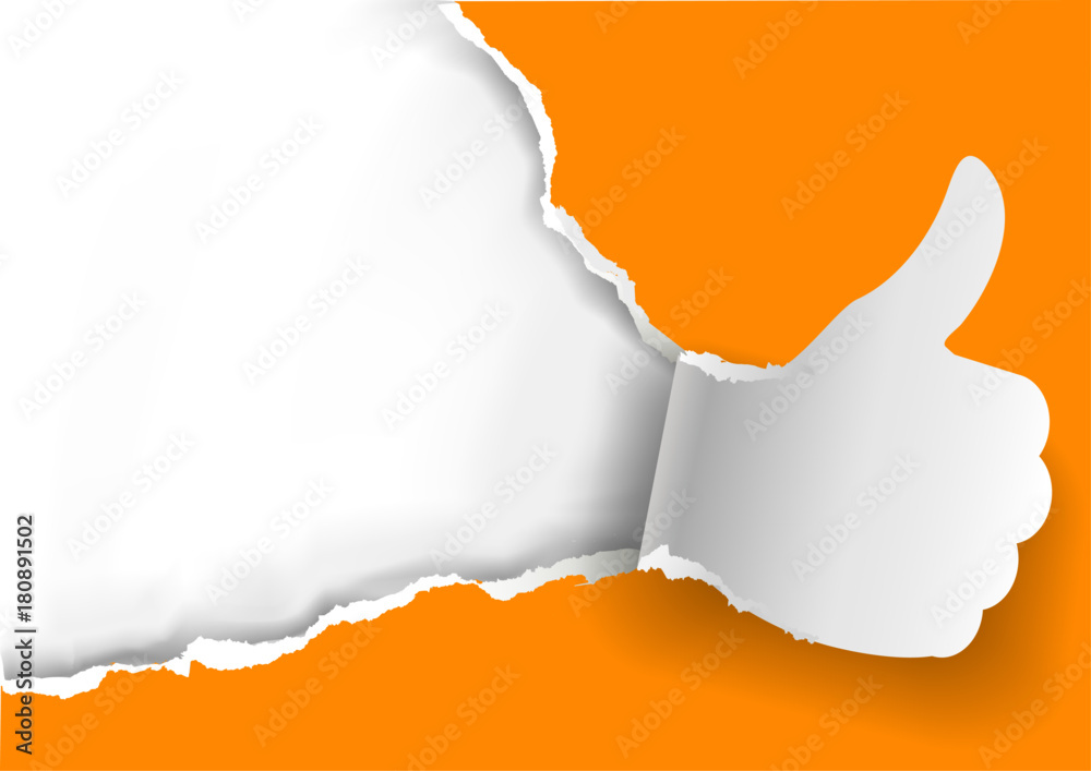 Thumbs up Ripped orange paper background. Paper background with torn ...