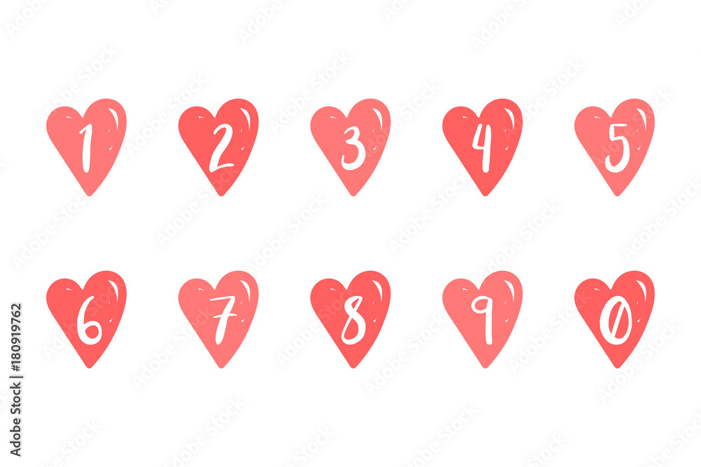 Cute cartoon doodle pink hearts with numbers from 0 to 9 for planner ...