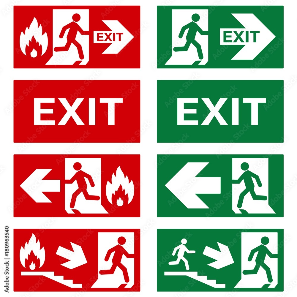 VECTOR. Set of safety signs. Exit sign. Emergency fire exit door and ...