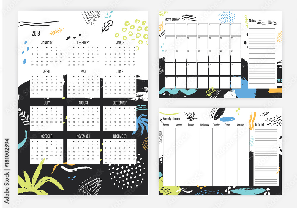 Set of year 2018 calendar, month and weekly planner templates with ...