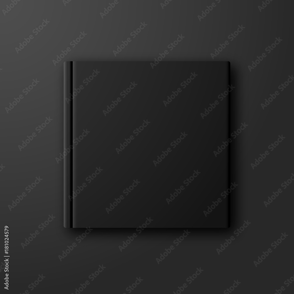 Stylish black book vector mockup on dark black background. Blank black ...