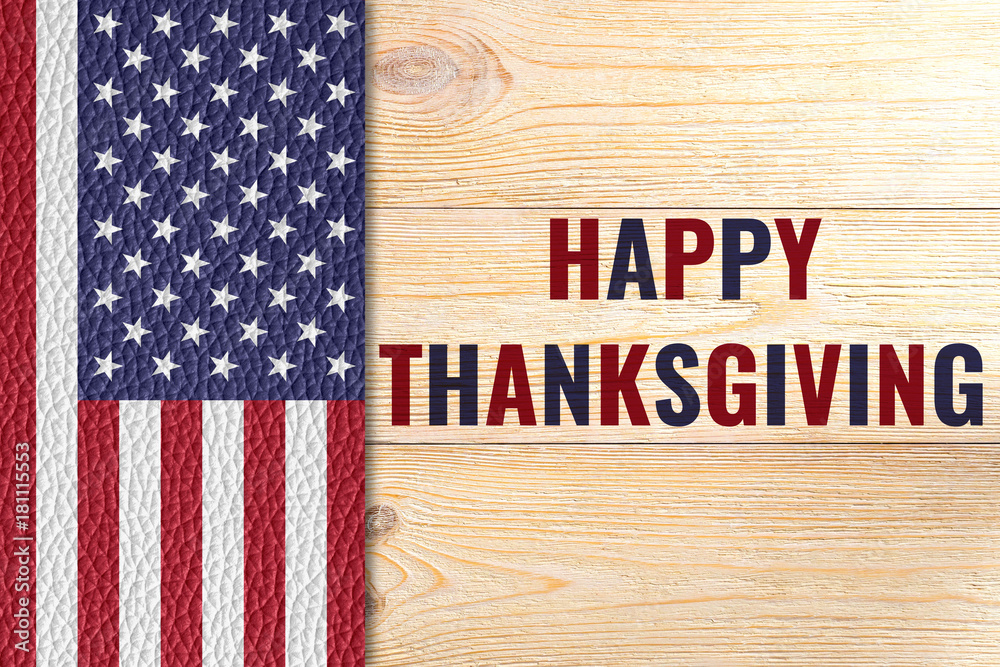 happy thanksgiving, greeting card with us flag on wooden table Stock ...
