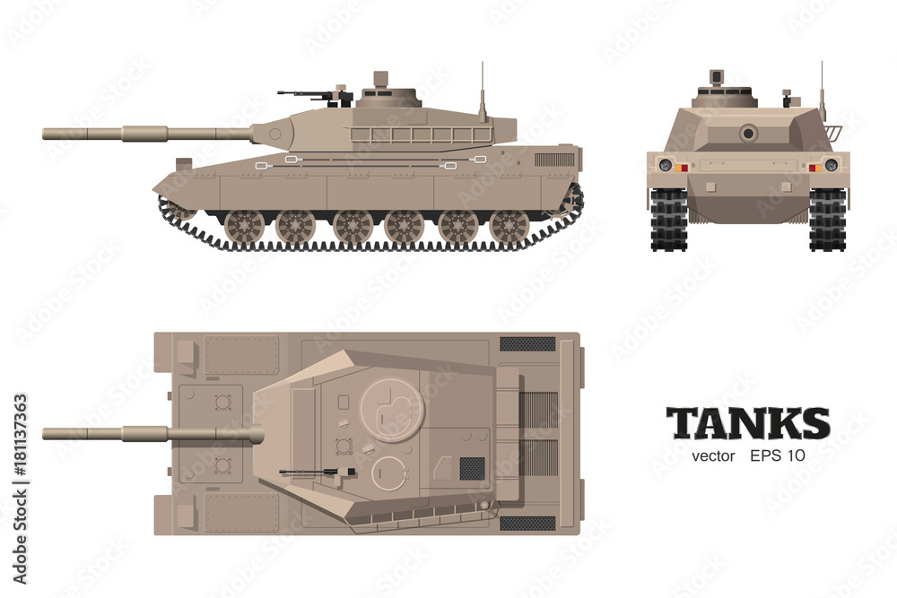 Realistic tank blueprint. Armored car on white background. Top, side ...