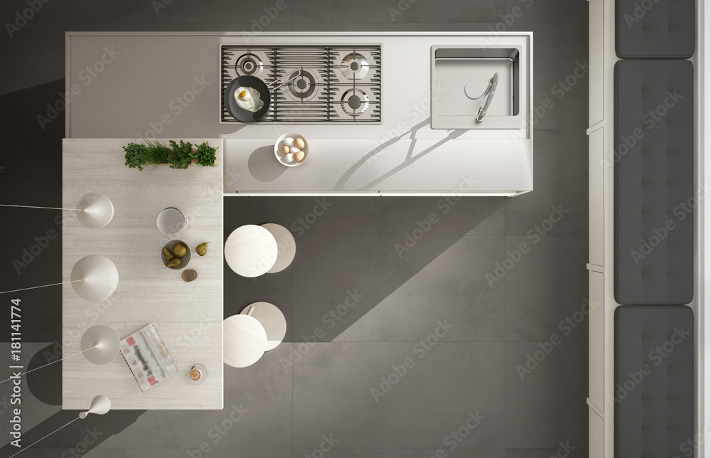 Modern kitchen with wooden details, top view on island and gas stove ...