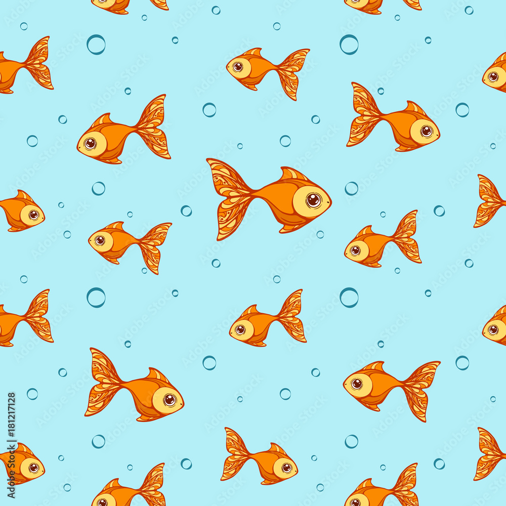 Cute hand-drawn seamless pattern with little goldfish on light blue ...