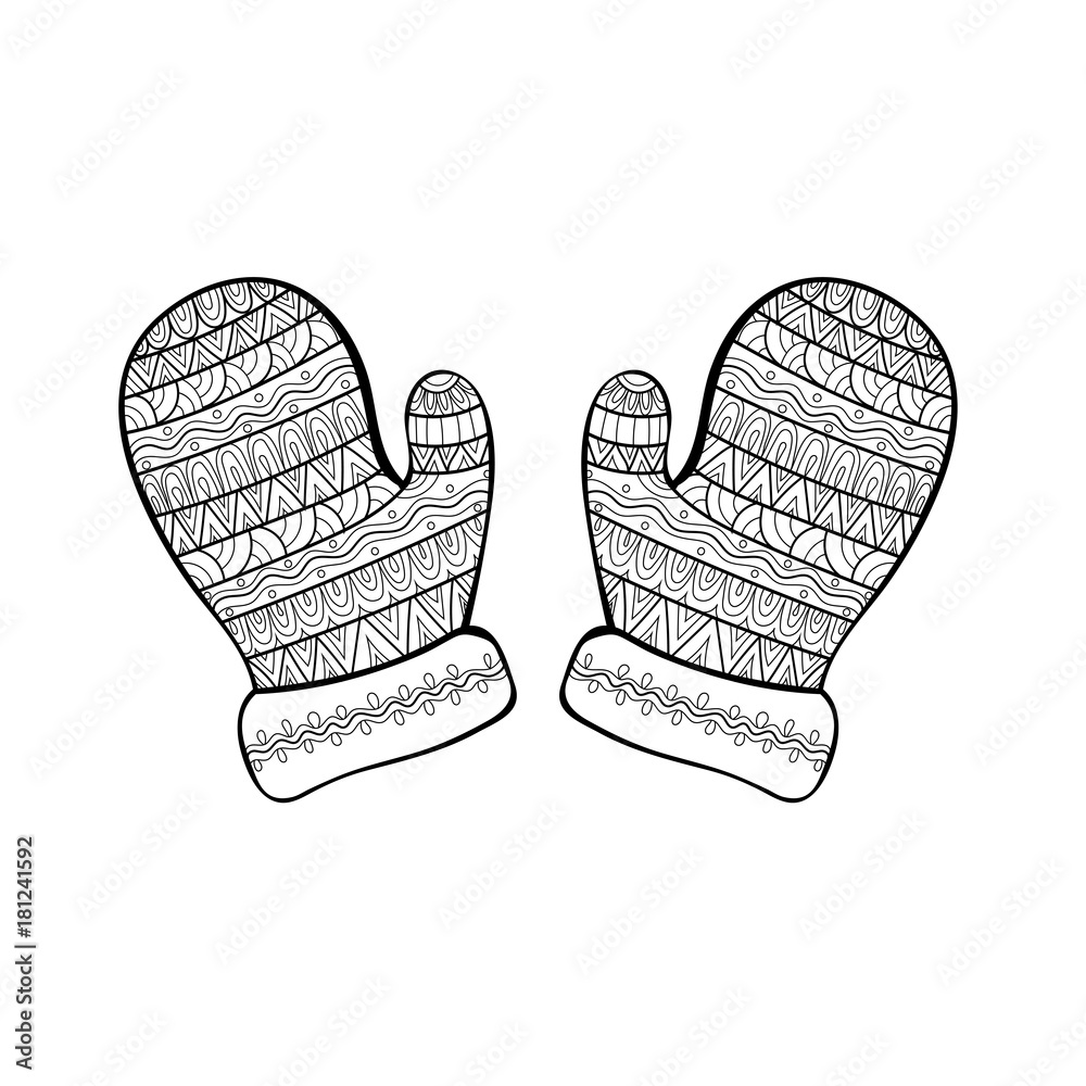 Hand drawn Christmas mittens in zentangle style. Coloring book page ...