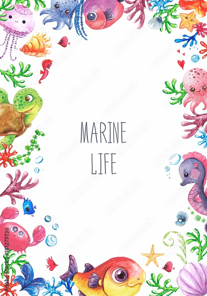 Beautiful watercolor frame border with fish, jellyfish, seaweed and ...
