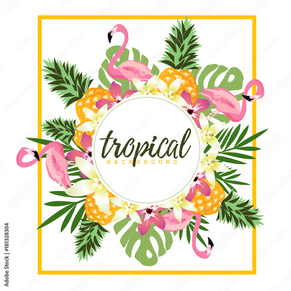 Tropical background with flamingos and pineapples. Summer vector ...