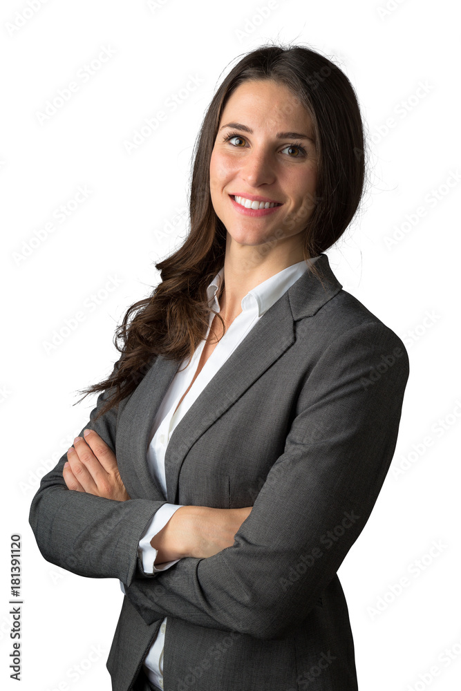 Cute commercial business woman model brunette smiling on white ...