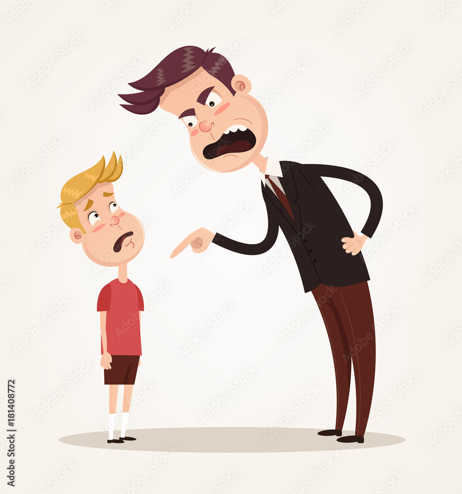 Angry sad unhappy father character scolding his son. Vector flat ...