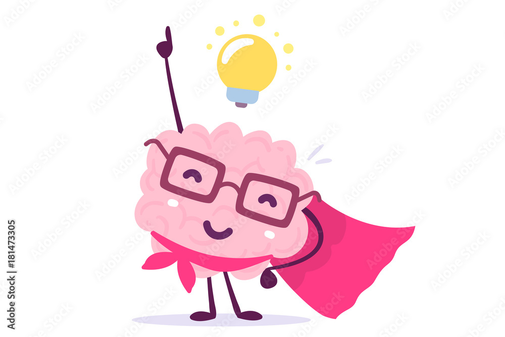 Vector illustration of pink color human brain with glasses as a super ...