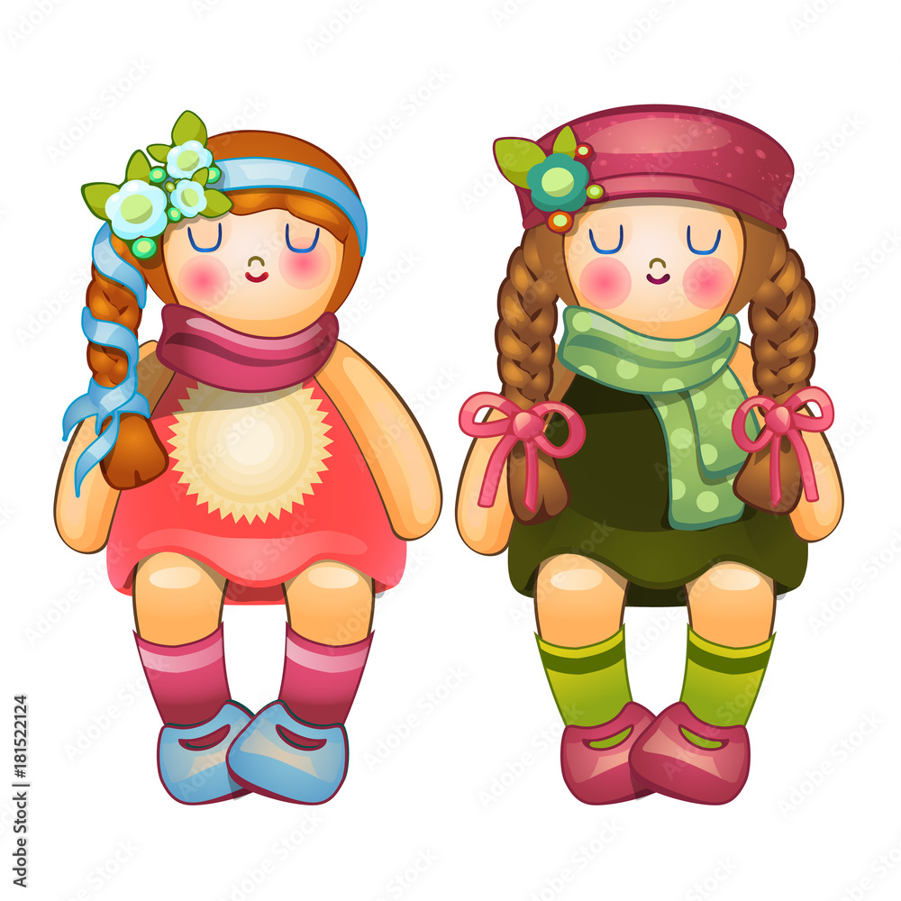 Beautiful stuffed dolls girls with long braids. Childrens toy. Vector ...
