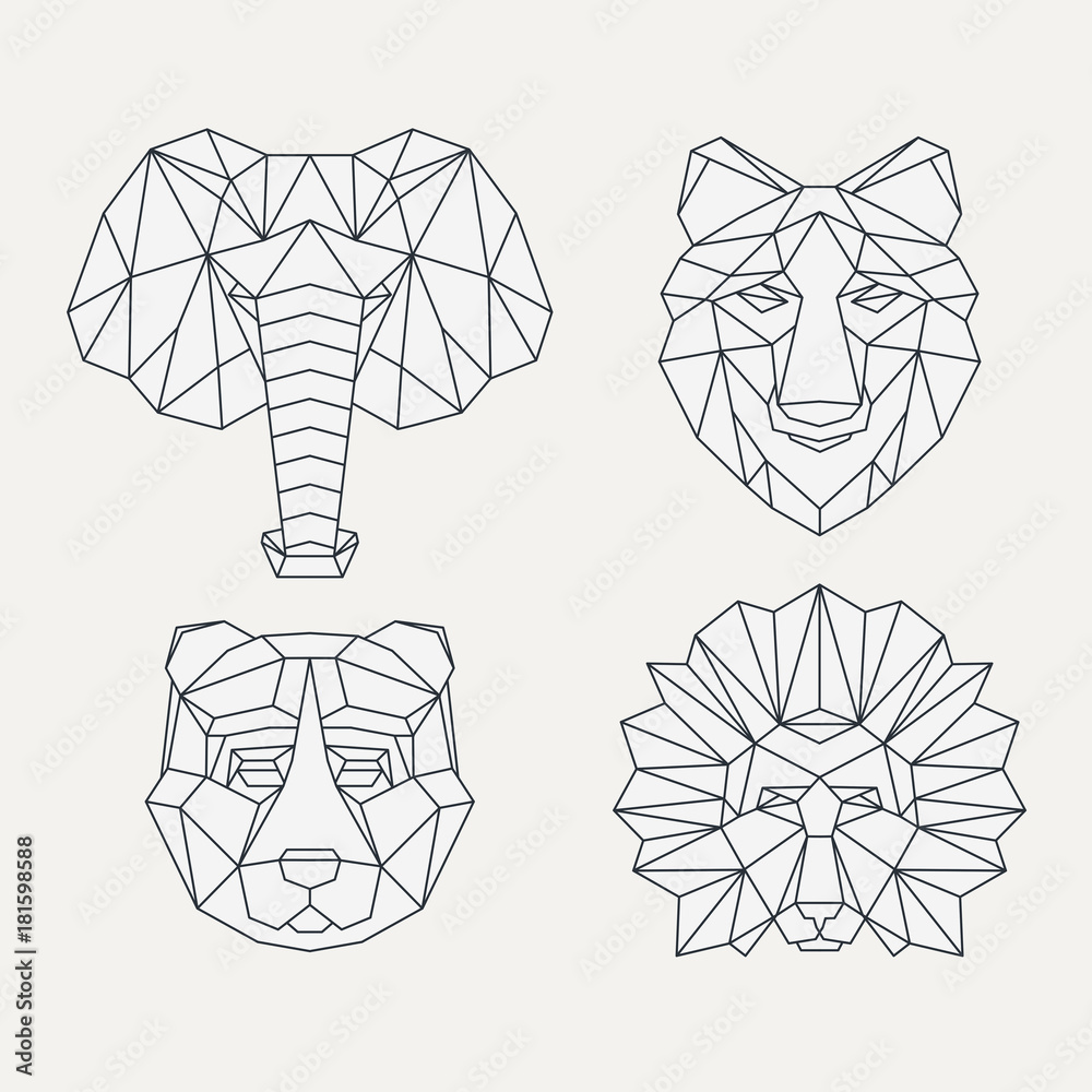 Polygonal geometric wolf, elephant, bear, lion. Abstract linear ...